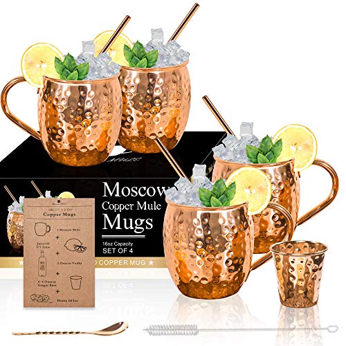 Moscow Mule Copper Mugs - Set of 4-100% HANDCRAFTED Solid Copper Mugs, Gift set with 4 Copper Straws, 1 Stirring Spoon, 1 Copper Shot Glass, 1 Straw Cleaning Brush.