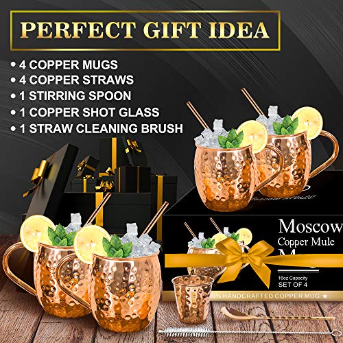 Moscow Mule Copper Mugs - Set of 4-100% HANDCRAFTED Solid Copper Mugs, Gift set with 4 Copper Straws, 1 Stirring Spoon, 1 Copper Shot Glass, 1 Straw Cleaning Brush.