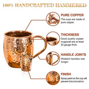 Moscow Mule Copper Mugs - Set of 4-100% HANDCRAFTED Solid Copper Mugs, Gift set with 4 Copper Straws, 1 Stirring Spoon, 1 Copper Shot Glass, 1 Straw Cleaning Brush.