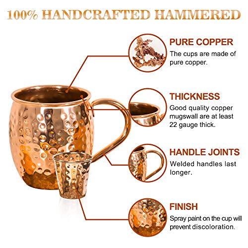 Moscow Mule Copper Mugs - Set of 4-100% HANDCRAFTED Solid Copper Mugs, Gift set with 4 Copper Straws, 1 Stirring Spoon, 1 Copper Shot Glass, 1 Straw Cleaning Brush.