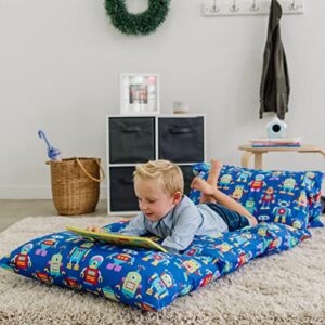 wildkin kids floor lounger for boys and girls, measures 86.8 x 27 inches, travel-friendly and perfect for sleepovers, requires 5 standard size pillows (not included) (robots)