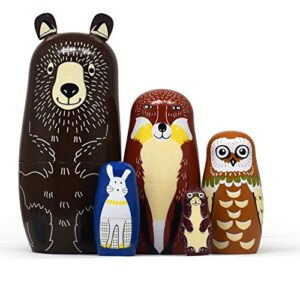 tphon russian nesting dolls bear wooden matryoshka dolls for kids handmade cute cartoon animals pattern nesting doll toy stacking doll set of 5