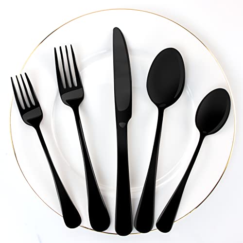 Black Silverware Set, Aisoso 20 Piece Stainless Steel Flatware Cutlery Set Service for 4, Include Knife Fork Spoon, Stylish Mirror Finish, Dishwasher Safe Perfect for Home Kitchen Restaurant