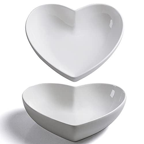 Keponbee 2pcs Porcelain Big Heart-shaped Bowls White Deep Heart Plates Salad Bowl/Fruit Bowl for Desserts/Pasta/Dinner, 8"