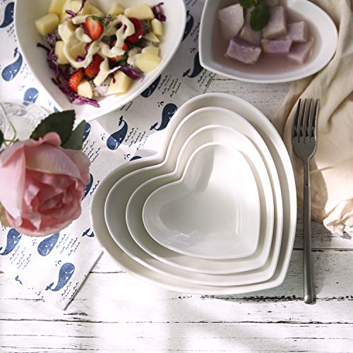 Keponbee 2pcs Porcelain Big Heart-shaped Bowls White Deep Heart Plates Salad Bowl/Fruit Bowl for Desserts/Pasta/Dinner, 8"