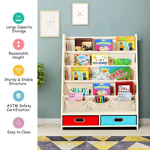 Costzon Kids Bookshelf, Wooden 4 Sling Book Shelves with 2 Pull-Out Toy Storage Boxes, Classroom Display Book Rack Organizer Furniture for Toddlers Kids Room, Nursery, Bedroom (Beige)