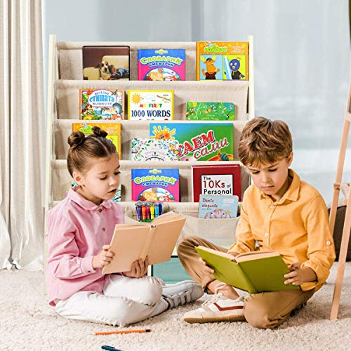 Costzon Kids Bookshelf, Wooden 4 Sling Book Shelves with 2 Pull-Out Toy Storage Boxes, Classroom Display Book Rack Organizer Furniture for Toddlers Kids Room, Nursery, Bedroom (Beige)