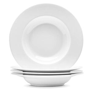 artena 10 ounce pasta bowls set of 4, elegant white soup bowls, wide rim salad bowl, premium porcelain pasta plate bowl, shallow soup plates for eating, microwave dishwasher oven safe bowls