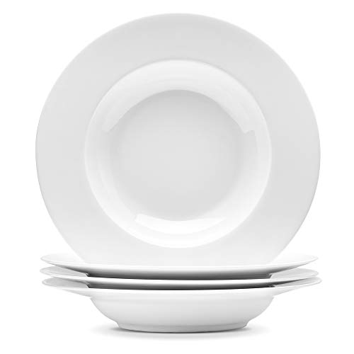 Artena 10 Ounce Pasta Bowls Set of 4, Elegant White Soup Bowls, Wide Rim Salad Bowl, Premium Porcelain Pasta Plate Bowl, Shallow Soup Plates for Eating, Microwave Dishwasher Oven Safe Bowls