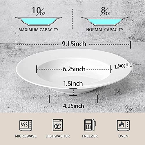 Artena 10 Ounce Pasta Bowls Set of 4, Elegant White Soup Bowls, Wide Rim Salad Bowl, Premium Porcelain Pasta Plate Bowl, Shallow Soup Plates for Eating, Microwave Dishwasher Oven Safe Bowls