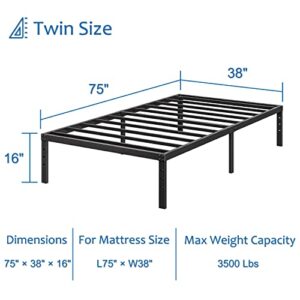 COMASACH Twin Size Bed Frame 16" Tall Heavy Duty, Metal Platform Bed Frame,Sturdy Steel Frame,Support up to 3500lbs,No Box Spring Needed,Noise-Free,Easy Assembly