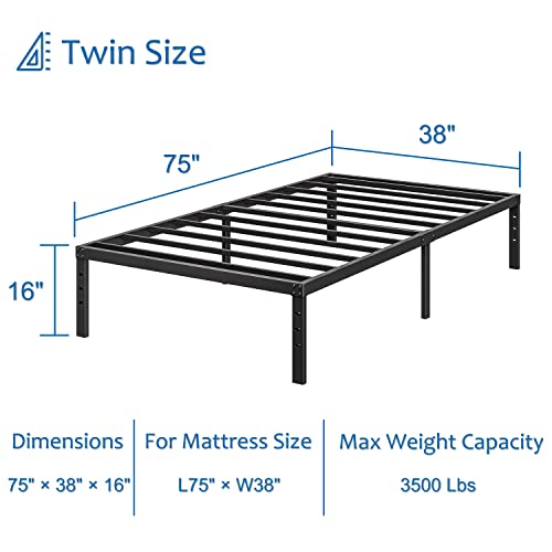 COMASACH Twin Size Bed Frame 16" Tall Heavy Duty, Metal Platform Bed Frame,Sturdy Steel Frame,Support up to 3500lbs,No Box Spring Needed,Noise-Free,Easy Assembly