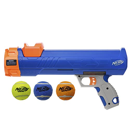 Nerf Dog 12in Blaster w/o Ball Clip 3 2in Squeak Tennis Balls - Opaque Blue/Orange/Gray and Orange and Blue and Green