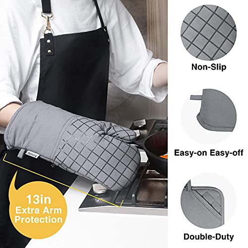 Koroda Oven Mitts and Pot Holders Sets: 550°F High Heat Resistant Oven Mitts with Kitchen Towels Thick Cotton Oven Gloves with Non-Slip Silicone for Cooking and Baking (6Pcs, Grey)