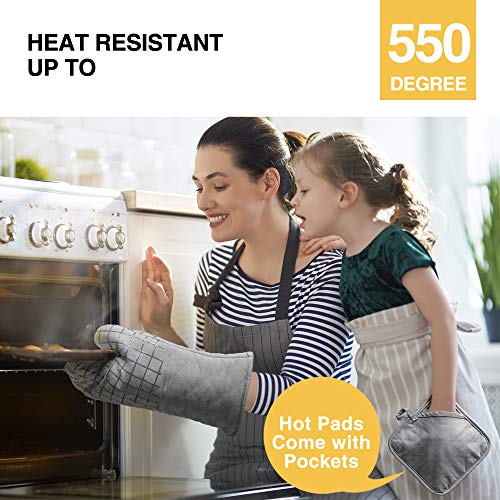 Koroda Oven Mitts and Pot Holders Sets: 550°F High Heat Resistant Oven Mitts with Kitchen Towels Thick Cotton Oven Gloves with Non-Slip Silicone for Cooking and Baking (6Pcs, Grey)