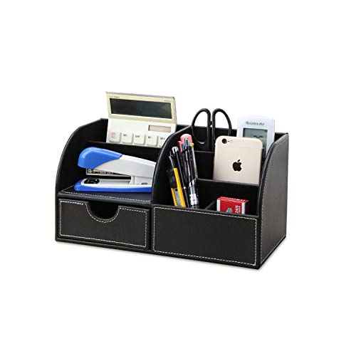 Desk Organizer, Multi-Function PU Leather Office Stationery Organizer Storage Box, Office Accessories Organizer-Business Card, Pen, Pencil, Mobile Phone, Stationery Holder (Black)