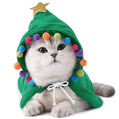 ANIAC Pet Christmas Costume Puppy Xmas Cloak with Star and Pompoms Cat Santa Cape with Santa Hat Party Cosplay Dress for Cats and Small to Medium Sized Dog (Small, Green)