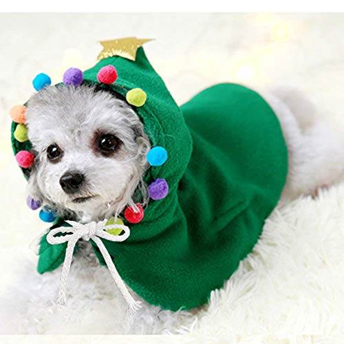 ANIAC Pet Christmas Costume Puppy Xmas Cloak with Star and Pompoms Cat Santa Cape with Santa Hat Party Cosplay Dress for Cats and Small to Medium Sized Dog (Small, Green)