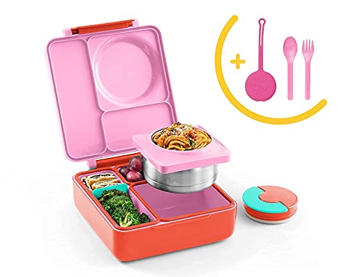 OmieBox Deluxe Bundle Set - Insulated Bento Lunch Box With Thermos PLUS Reusable Fork and Spoon with Case - (Pink)