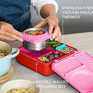 OmieBox Deluxe Bundle Set - Insulated Bento Lunch Box With Thermos PLUS Reusable Fork and Spoon with Case - (Pink)