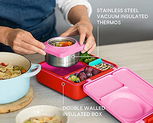 OmieBox Deluxe Bundle Set - Insulated Bento Lunch Box With Thermos PLUS Reusable Fork and Spoon with Case - (Pink)