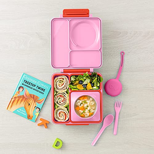 OmieBox Deluxe Bundle Set - Insulated Bento Lunch Box With Thermos PLUS Reusable Fork and Spoon with Case - (Pink)