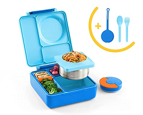 OmieBox Deluxe Bundle Set - Insulated Bento Lunch Box With Thermos PLUS Reusable Fork and Spoon with Case - (Blue)