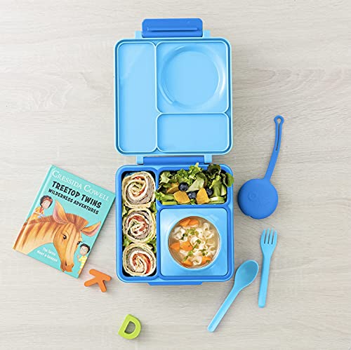 OmieBox Deluxe Bundle Set - Insulated Bento Lunch Box With Thermos PLUS Reusable Fork and Spoon with Case - (Blue)