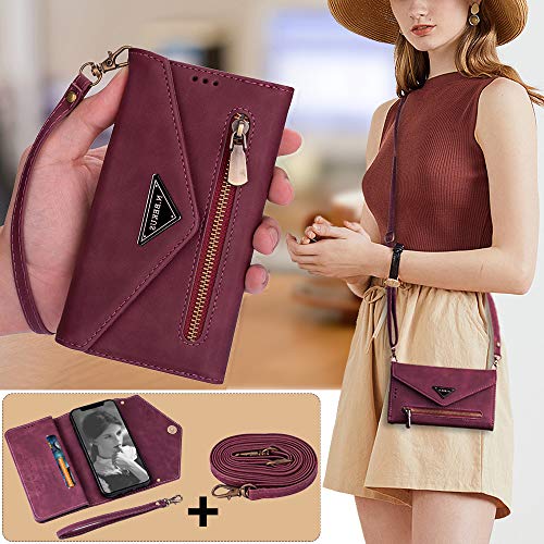 Galaxy A51 4G/M40S Wallet Case with Wristlet&Shoulder Strap,Auker 9 Card Holder Flip Leather Crossbody Zipper Purse Case Bag Magnetic Stand Hidden Pocket Wallet Clutch Case for Women Samsung A51(4G)