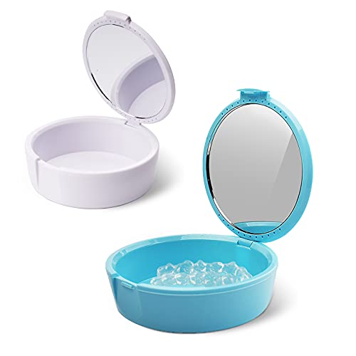 Y-Kelin 2 Pack Retainer Case with Mirror Retainer Container Partial Denture Storage Box (Light blue+White)