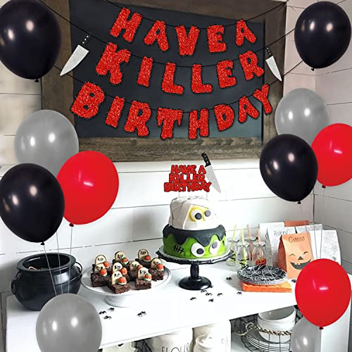 Have a Killer Birthday Party Decorations Kit Friday the 13th Themed Birthday Banner Bloody Cake Topper Balloons for Horror Theme Halloween Birthday Party Photo Props Supplies