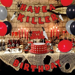 Have a Killer Birthday Party Decorations Kit Friday the 13th Themed Birthday Banner Bloody Cake Topper Balloons for Horror Theme Halloween Birthday Party Photo Props Supplies