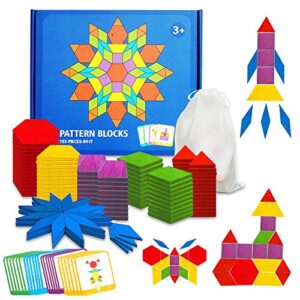 wooden pattern blocks set for classroom 155 pcs tangram blocks for kids geometric shape puzzle kindergarten classic educational montessori best stem fat brain toys ages 4-8 with 24 pcs design cards