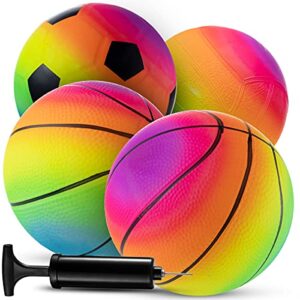 rainbow sports balls - 6 inch (pack of 4) inflatable vinyl balls for kids and toddlers with added hand air pump, neon basketball, soccer ball, and volleyball for playground, indoor and outdoor use