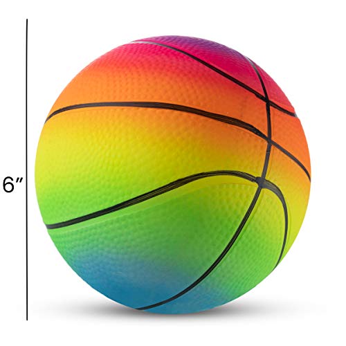 Rainbow Sports Balls - 6 Inch (Pack of 4) Inflatable Vinyl Balls for Kids and Toddlers with Added Hand Air Pump, Neon Basketball, Soccer Ball, and Volleyball for Playground, Indoor and Outdoor Use