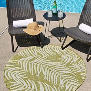 Unique Loom Outdoor Botanical Collection Floral, Coastal, Bohemian, Leaves, Indoor and Outdoor Area Rug (4' 0 x 4' 0 Round, Green/Ivory)