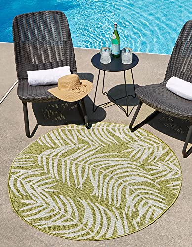 Unique Loom Outdoor Botanical Collection Floral, Coastal, Bohemian, Leaves, Indoor and Outdoor Area Rug (4' 0 x 4' 0 Round, Green/Ivory)