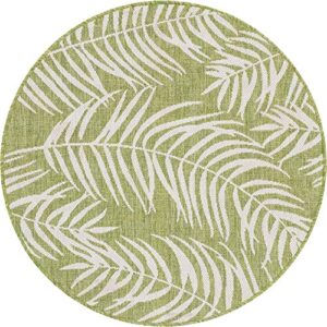 Unique Loom Outdoor Botanical Collection Floral, Coastal, Bohemian, Leaves, Indoor and Outdoor Area Rug (4' 0 x 4' 0 Round, Green/Ivory)