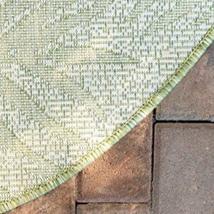 Unique Loom Outdoor Botanical Collection Floral, Coastal, Bohemian, Leaves, Indoor and Outdoor Area Rug (4' 0 x 4' 0 Round, Green/Ivory)