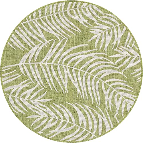 Unique Loom Outdoor Botanical Collection Floral, Coastal, Bohemian, Leaves, Indoor and Outdoor Area Rug (4' 0 x 4' 0 Round, Green/Ivory)