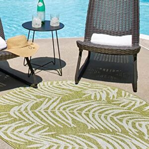 Unique Loom Outdoor Botanical Collection Floral, Coastal, Bohemian, Leaves, Indoor and Outdoor Area Rug (4' 0 x 4' 0 Round, Green/Ivory)