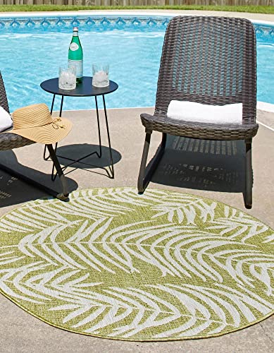 Unique Loom Outdoor Botanical Collection Floral, Coastal, Bohemian, Leaves, Indoor and Outdoor Area Rug (4' 0 x 4' 0 Round, Green/Ivory)