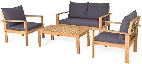 HAPPYGRILL 4-Piece Patio Furniture Set Outdoor Conversation Sofa Table Set with Cushions, Acacia Wood Chairs & Coffee Table Set for Garden Backyard Poolside