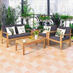 HAPPYGRILL 4-Piece Patio Furniture Set Outdoor Conversation Sofa Table Set with Cushions, Acacia Wood Chairs & Coffee Table Set for Garden Backyard Poolside