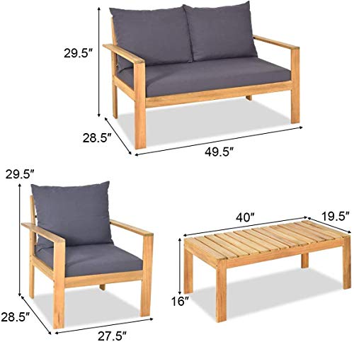 HAPPYGRILL 4-Piece Patio Furniture Set Outdoor Conversation Sofa Table Set with Cushions, Acacia Wood Chairs & Coffee Table Set for Garden Backyard Poolside