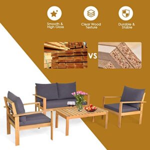 HAPPYGRILL 4-Piece Patio Furniture Set Outdoor Conversation Sofa Table Set with Cushions, Acacia Wood Chairs & Coffee Table Set for Garden Backyard Poolside