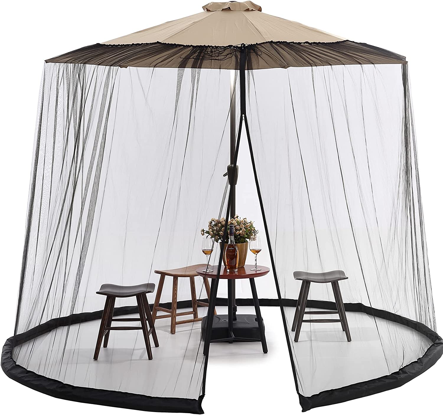 7.5-11 FT Patio Umbrella Mosquito Net, Polyester Mesh Umbrella Screen, Universal Canopy Umbrella Mosquito Netting with Zipper Door and Adjustable Rope, Fit Outdoor Umbrellas and Patio Tables