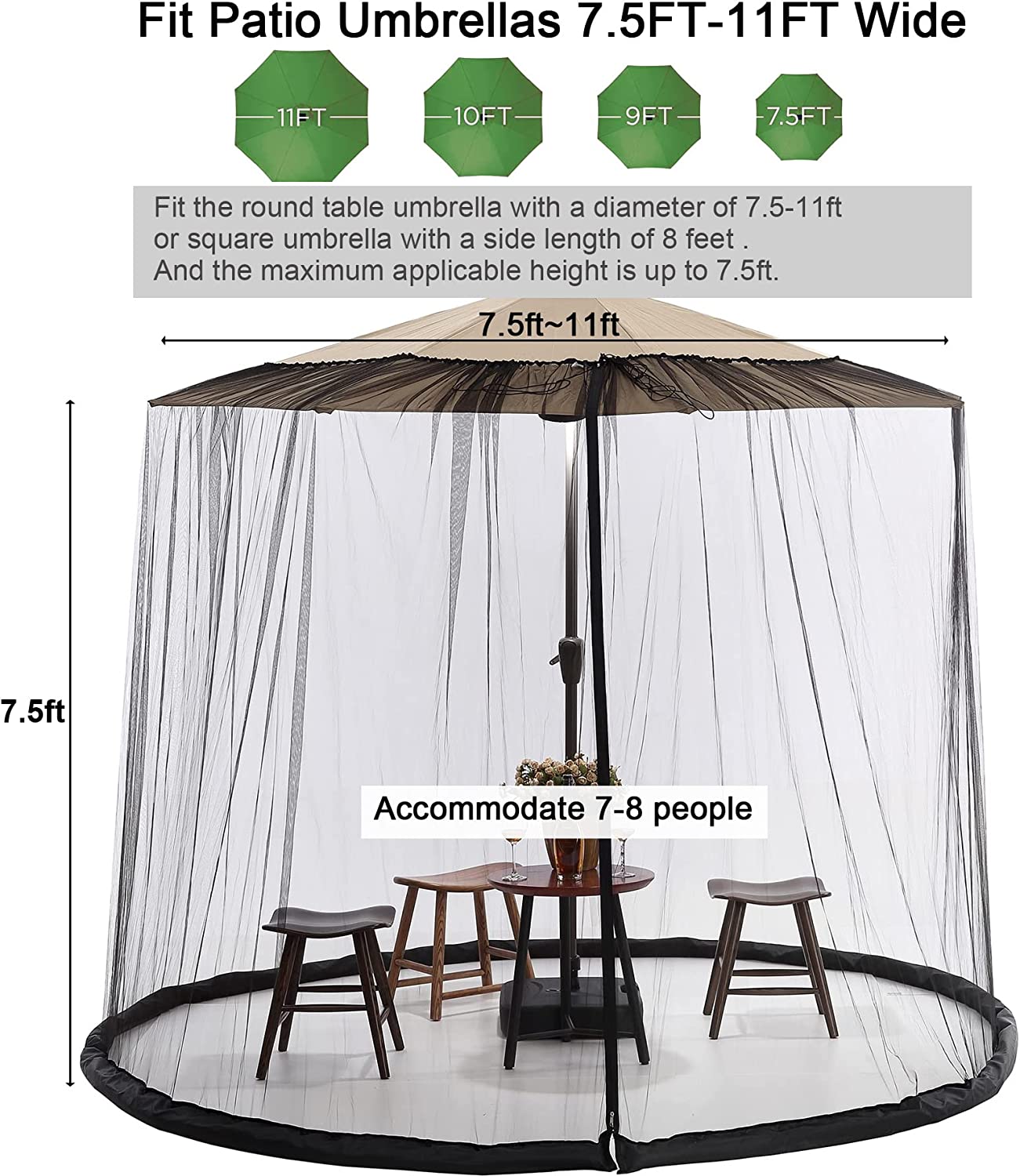 7.5-11 FT Patio Umbrella Mosquito Net, Polyester Mesh Umbrella Screen, Universal Canopy Umbrella Mosquito Netting with Zipper Door and Adjustable Rope, Fit Outdoor Umbrellas and Patio Tables