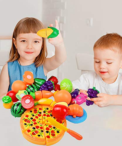 KAREZONINE Cutting Fruits Vegetables Set, 24 Pack Play Kitchen Plastic Cutting Food for Kids Pretend Play Kitchen Toys Educational Food Toys for Children Girls Boys Best for 3, 4, 5 Year Olds