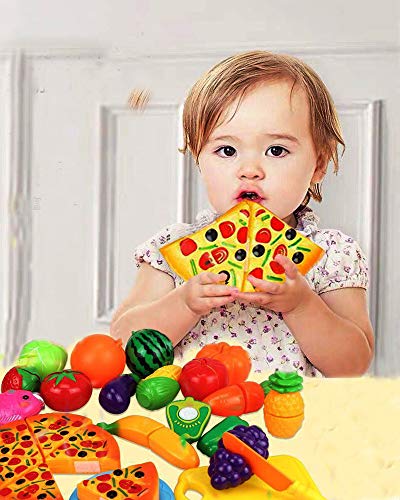 KAREZONINE Cutting Fruits Vegetables Set, 24 Pack Play Kitchen Plastic Cutting Food for Kids Pretend Play Kitchen Toys Educational Food Toys for Children Girls Boys Best for 3, 4, 5 Year Olds